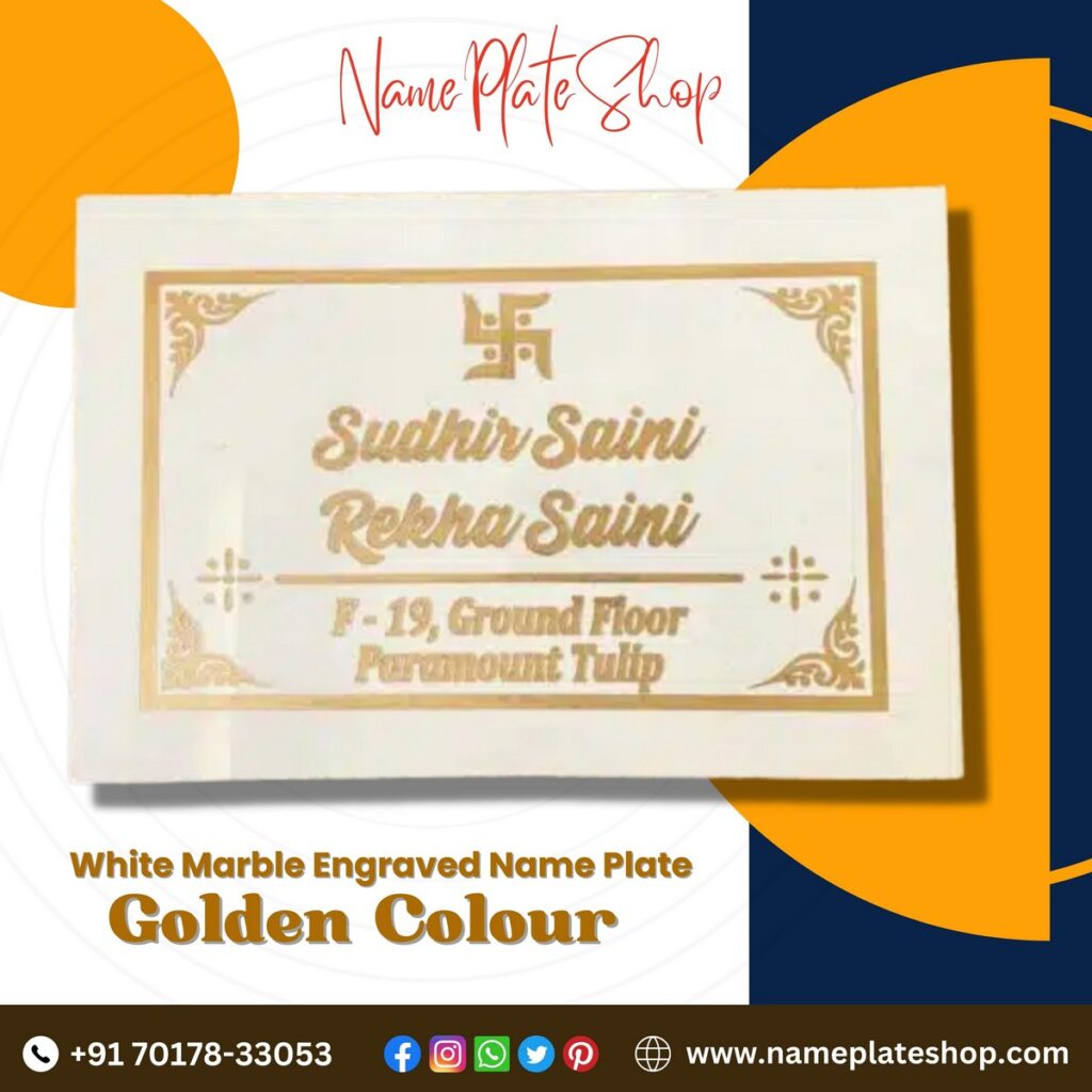 New White Marble Engraved Golden Colour Nameplate | Online
