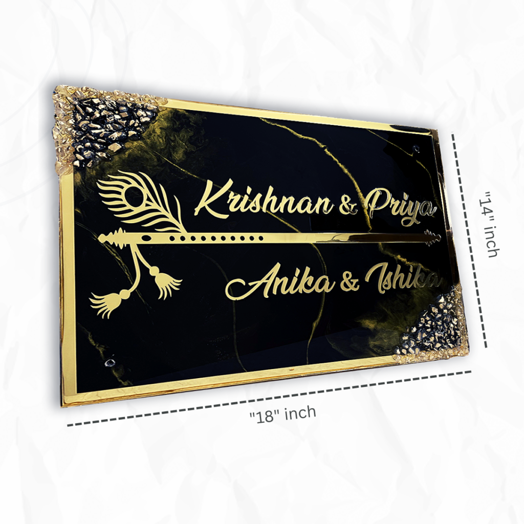 Krishna Theme Golden Black Coated Resin Nameplate