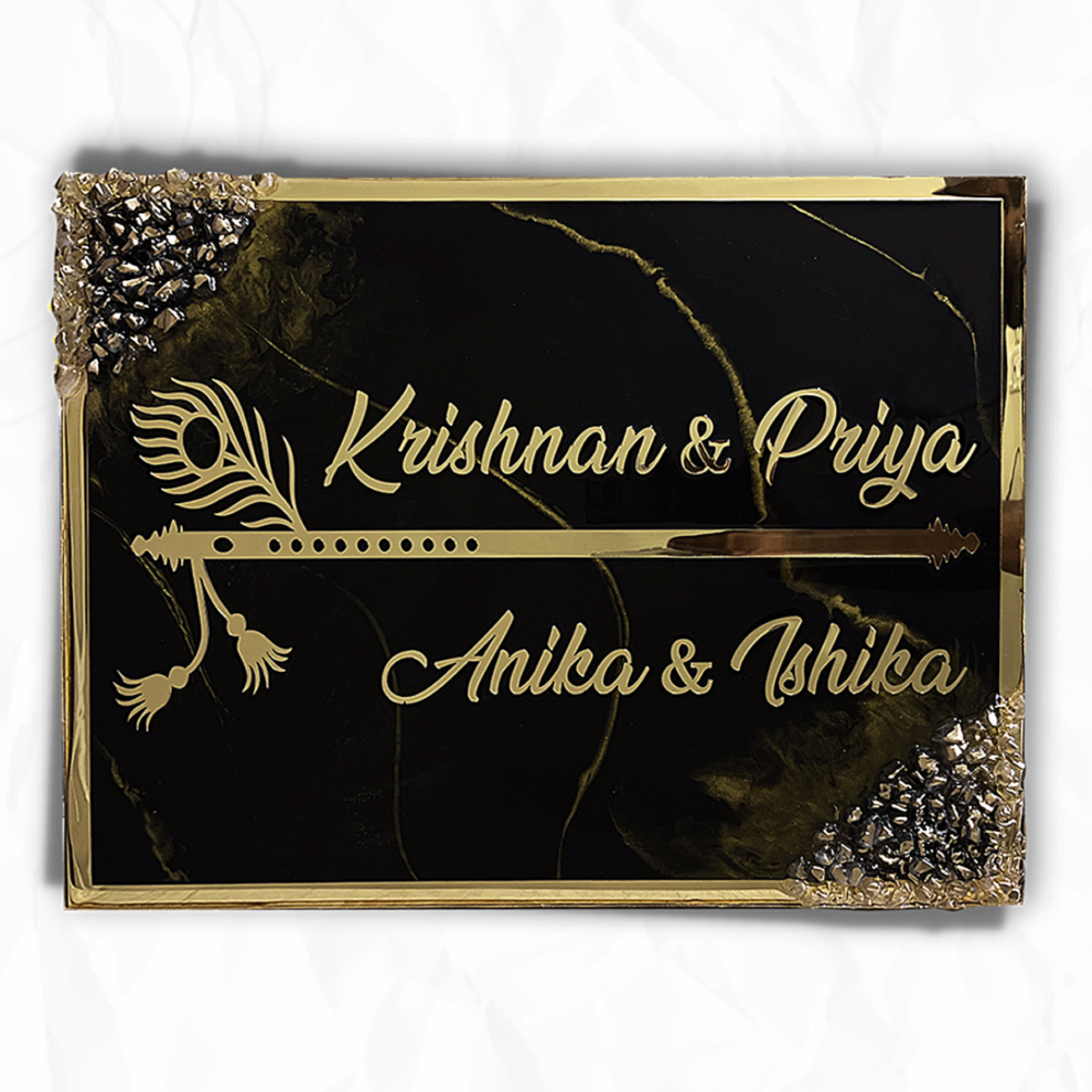 Krishna Theme Golden Black Coated Resin Nameplate