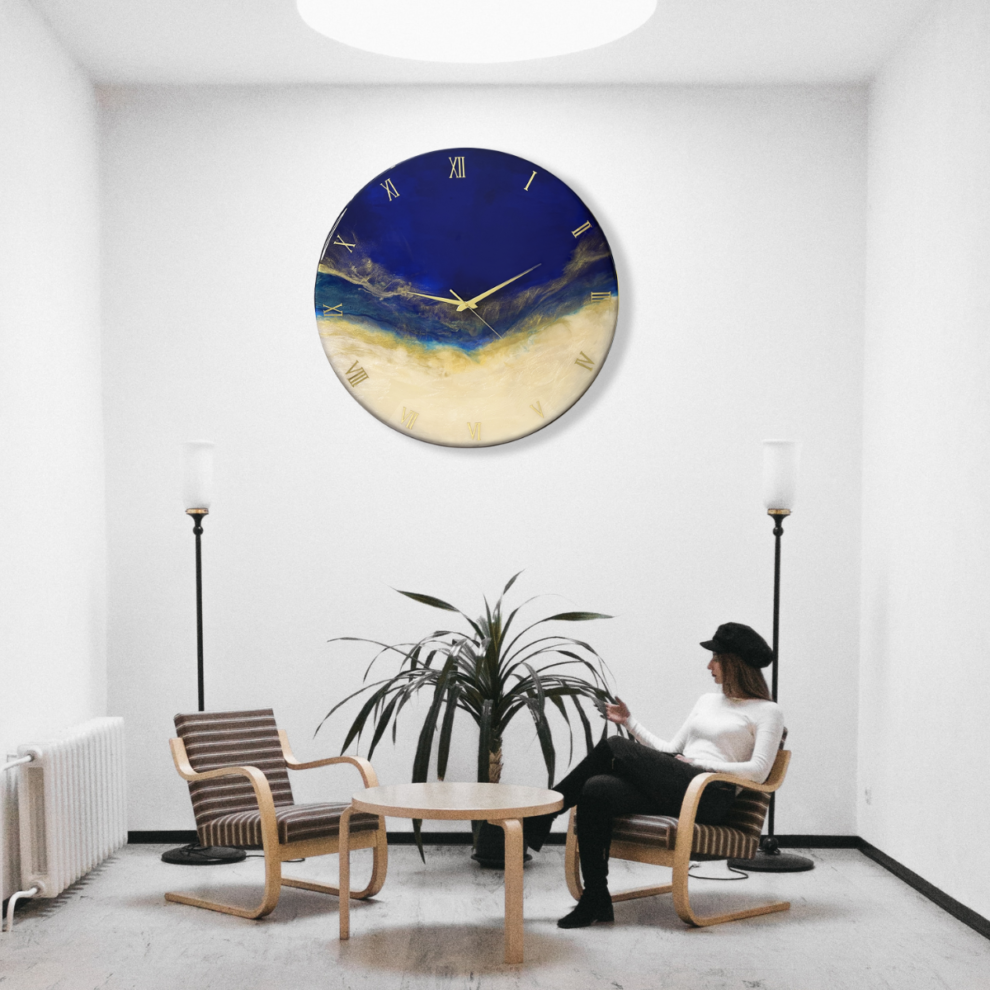 Off-white Resin Wall Clock Royal Blue with Metallic