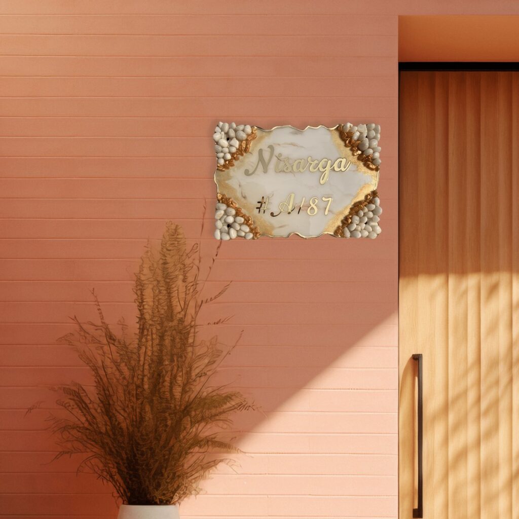 Pebbles Resin Coated Nameplate White and Orange Theme