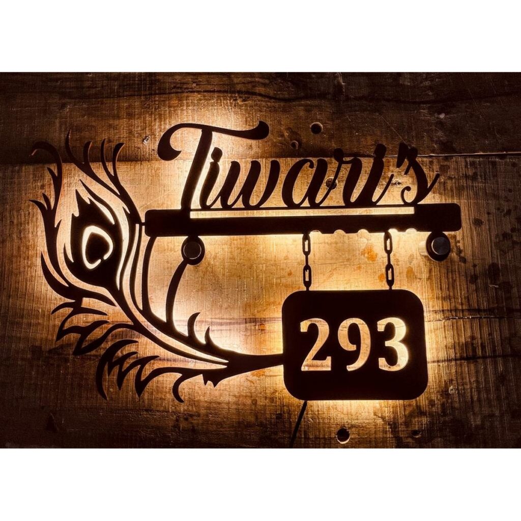 Laser Cut Mor Pankh LED Home Name Plate – Rose Gold Texture