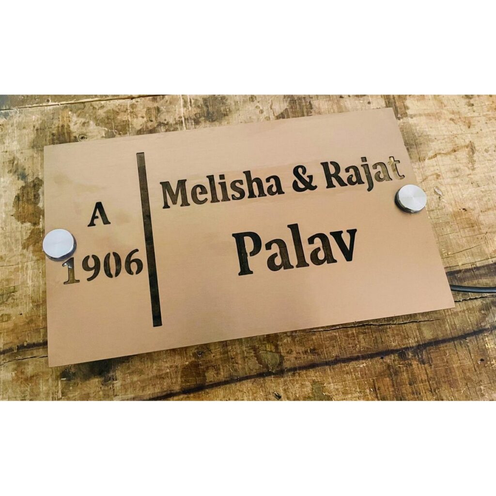 Home Led Name Plate | Stainless Steel Rose Gold Matt Texture