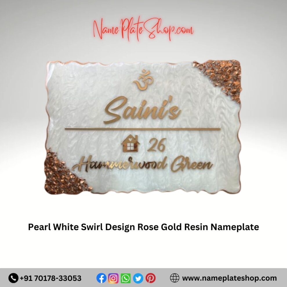 White Swirl Rose Gold Resin Nameplate – Touch of Elegance