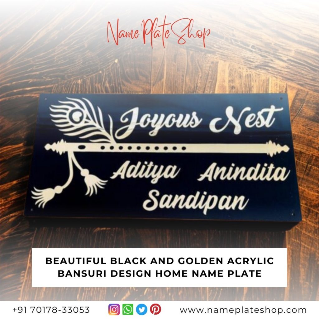 Design Home Name Plate #separator_saBlack and Golden Acrylic Bansuri