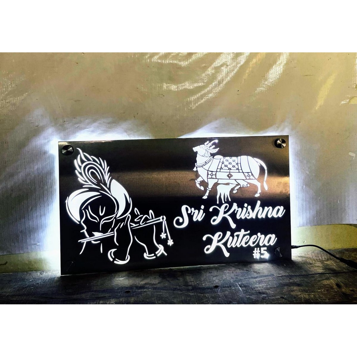 Laser Cut Stainless Steel LED Name Plate | Krishna Design