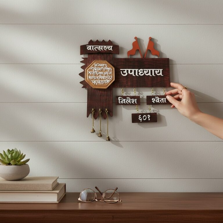 Wooden Stone Texture Rajmudra Logo Nameplate – Custom Family