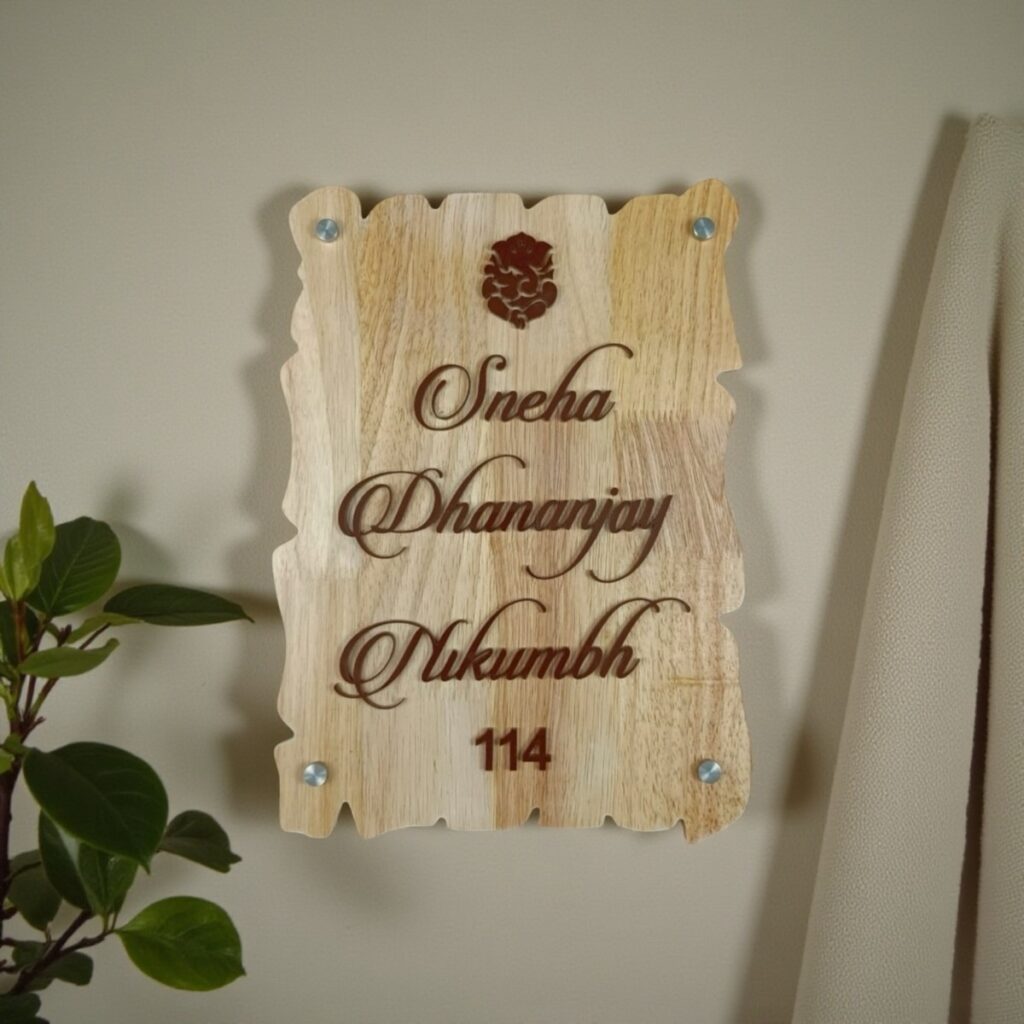 Handcrafted Wooden Stylish Nameplate – Nikhumbh