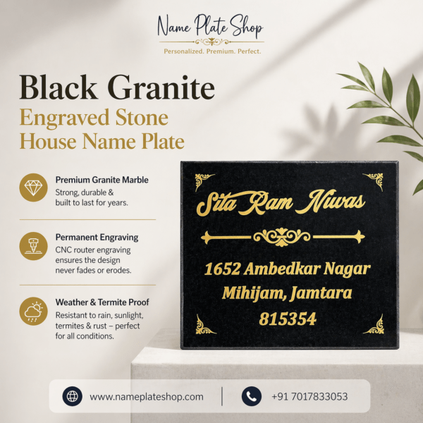 New Black Granite Engraved Stone House Name Plate | Luxury Aesthetics